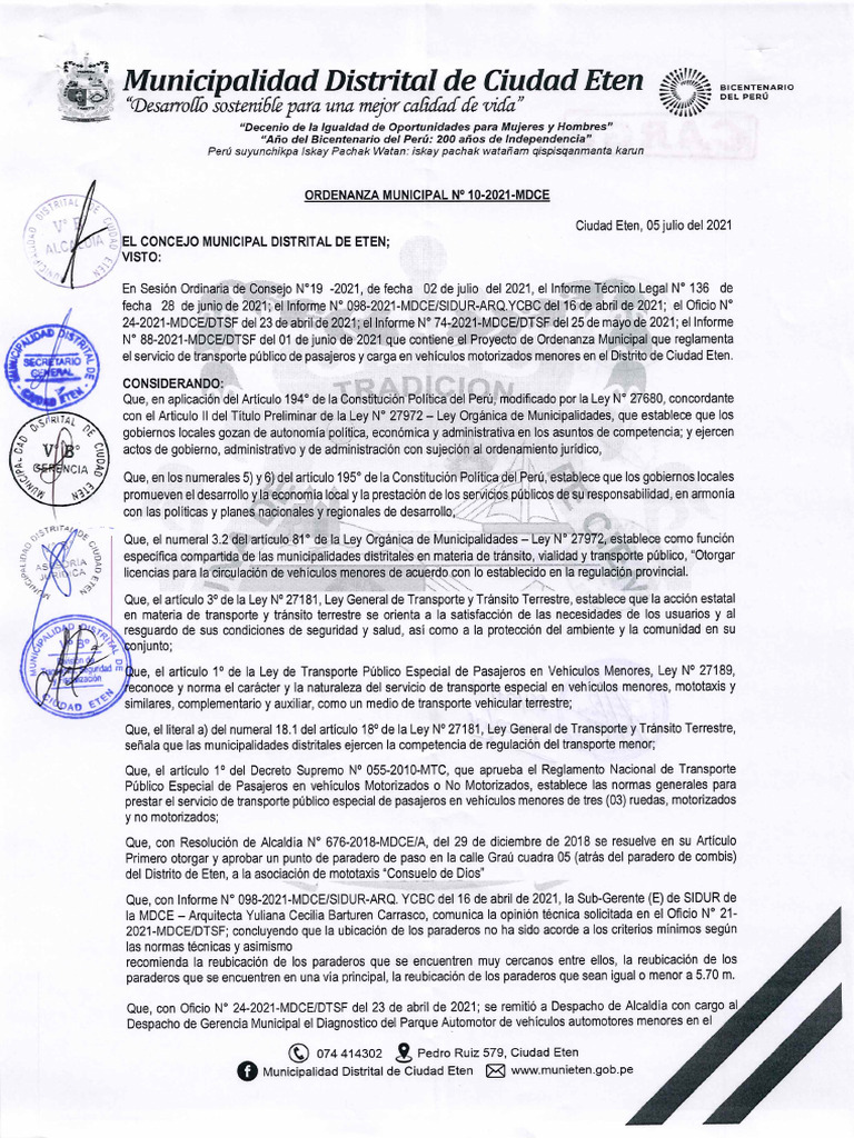 O.M #010-2021-Mdce - Reglamenta El Servicio de Transporte Publico ...