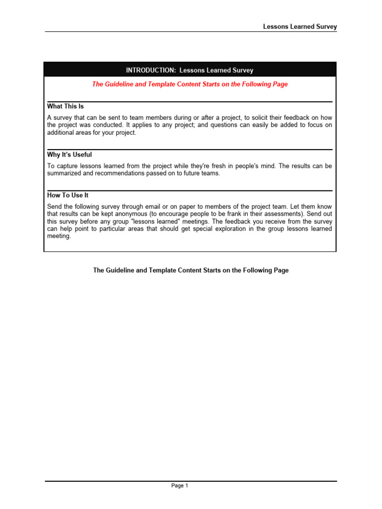 Lessons Learned Survey Template | Pdf | Unit Testing | Human Communication