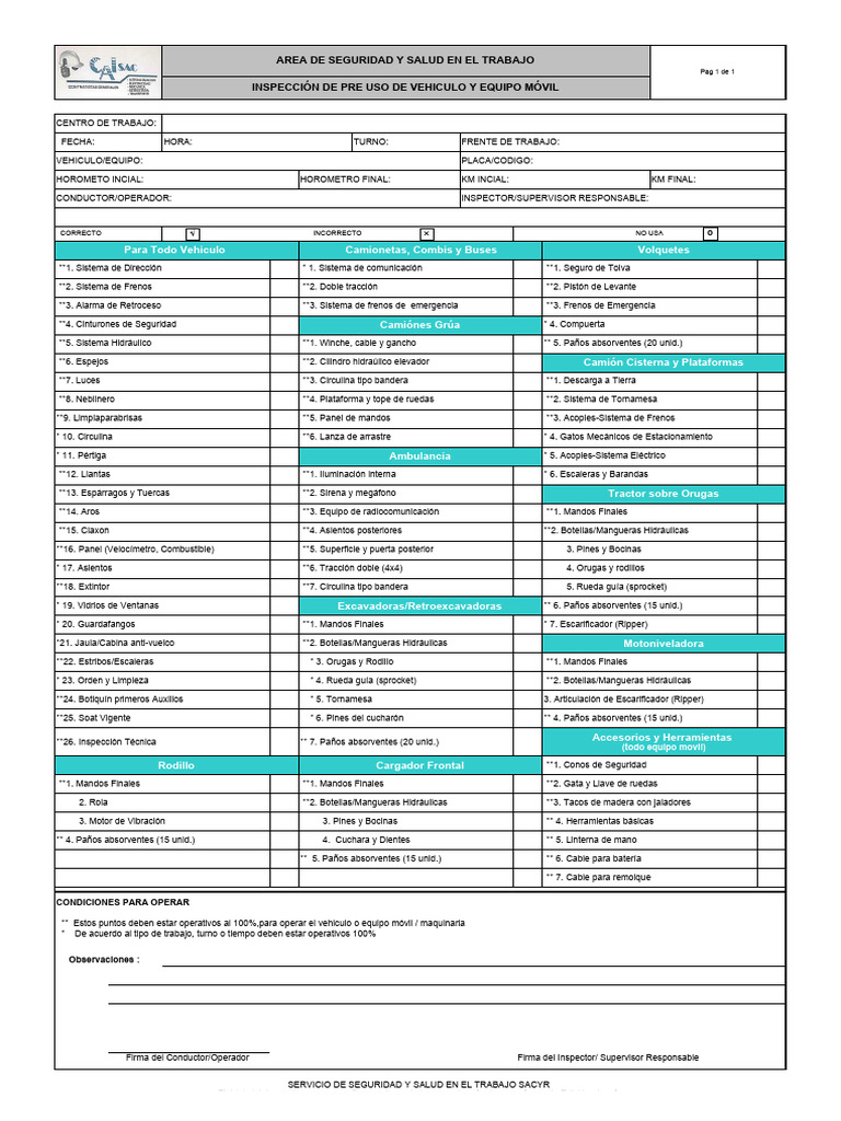Check List Vehiculos y Equipos_CAISAC | Descargar gratis PDF | Camión ...