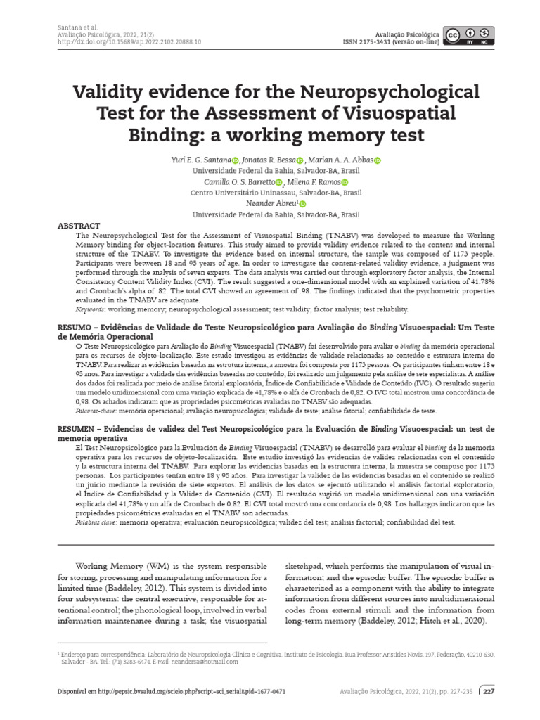 Validity Evidence For The Neuropsychological Test For The Assessment of ...