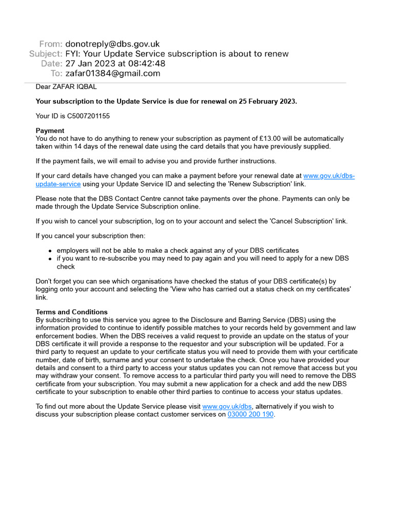 DBS Update Service Renewal Notice | PDF | Subscription Business Model