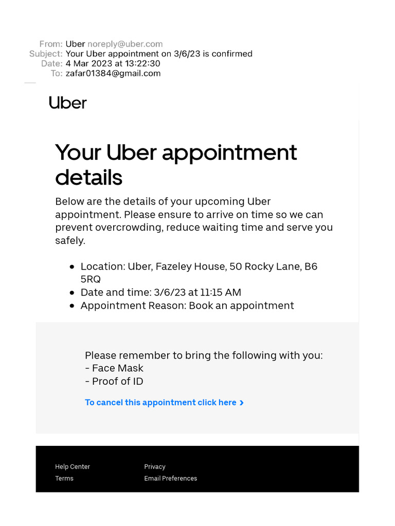 Your Uber Appointment On 3623 Is Confirmed | PDF
