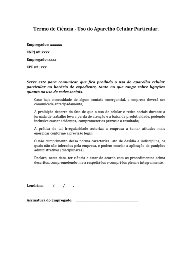 TERMO PROIBIÇÃO USO CELULAR Modelo | PDF TERMO PROIBIÇÃO USO CELULAR Modelo | PDF