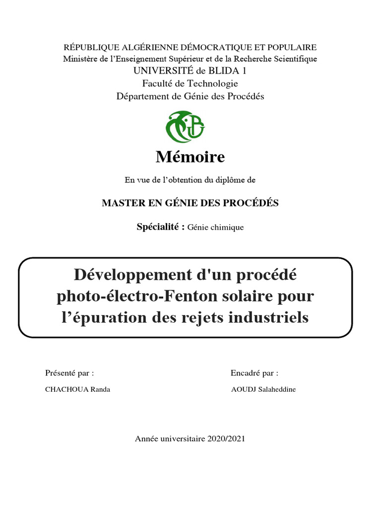 Memoire Chachoua Randa Final | PDF | Acide éthylènediaminetétraacétique | Chimie physique