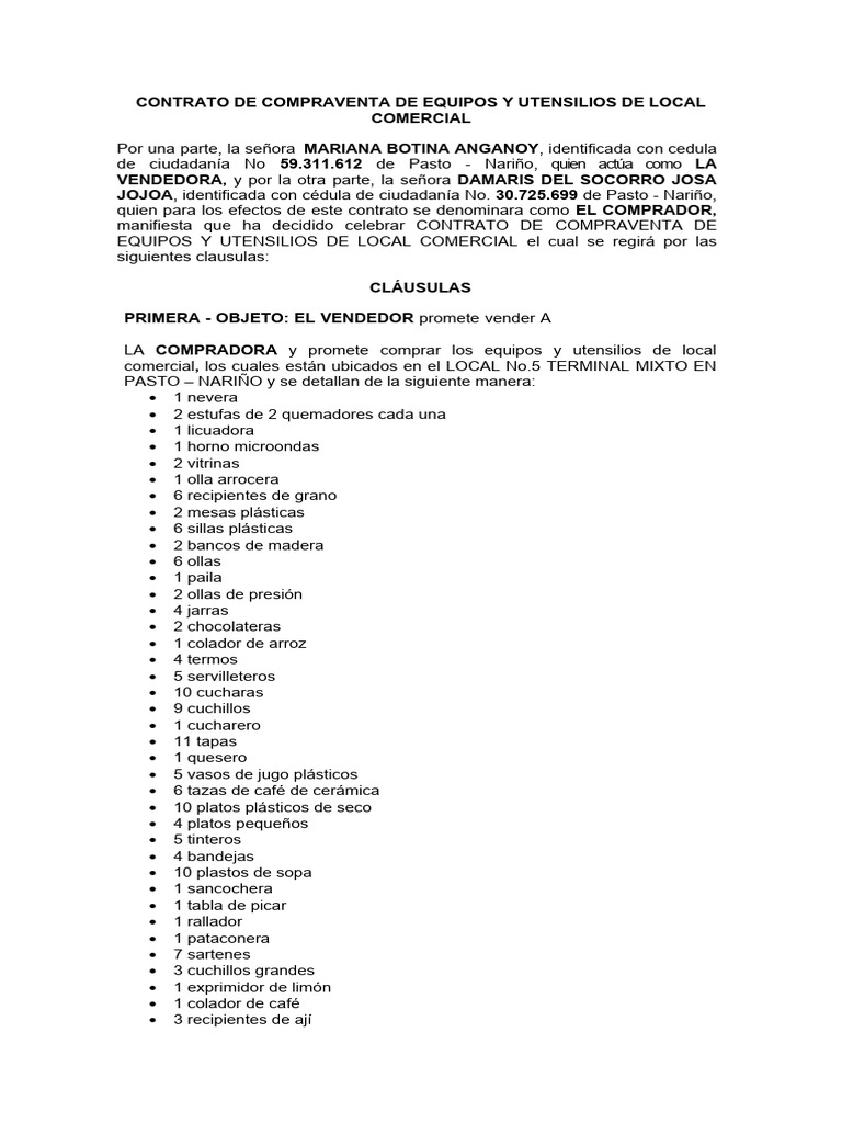 CONTRATO DE COMPRAVENTA DE EQUIPOS Y UTENSILIOS DE LOCAL COMERCIAL | PDF