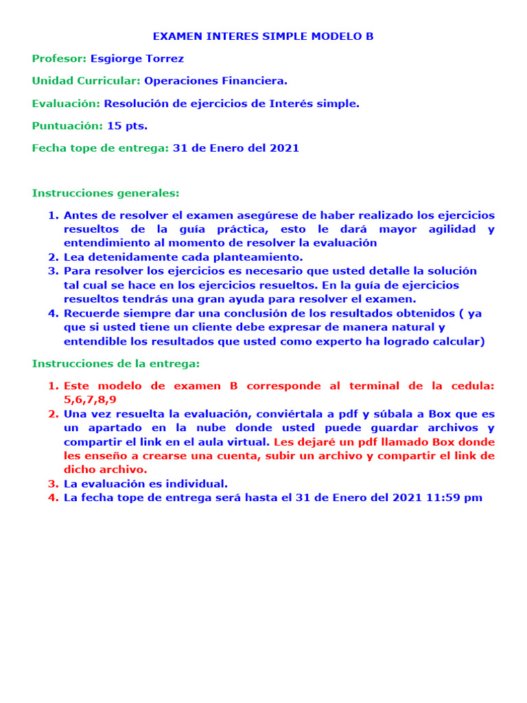 Examen B - Interes simple | Descargar gratis PDF | Evaluación | Interés