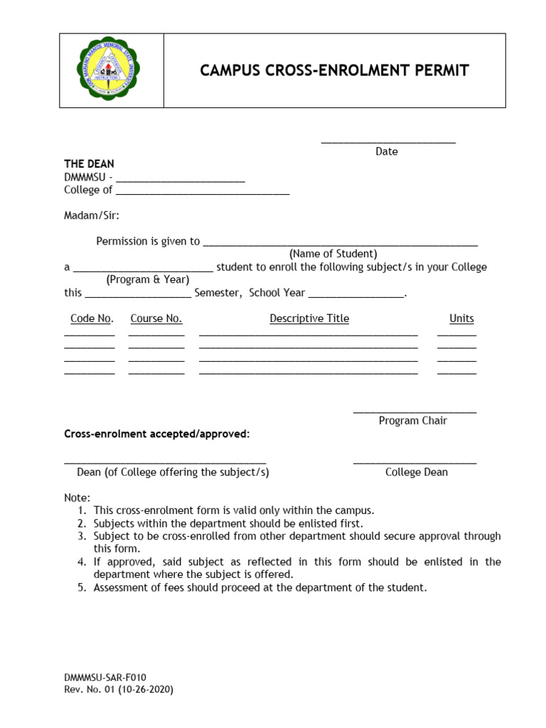 Sar F010 Campus Cross Enrolment Permit | PDF