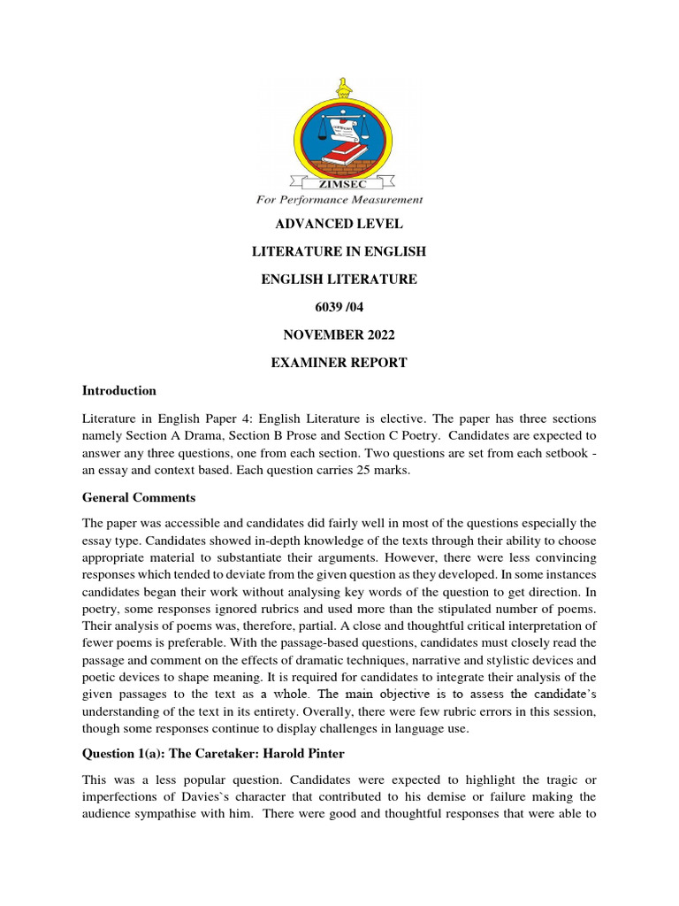 Advanced Level English Literature 603904 November 2022 Examiner Report ...
