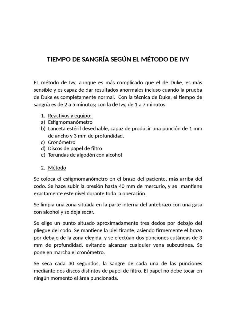 Tiempo de Sangría: Método de Ivy | PDF