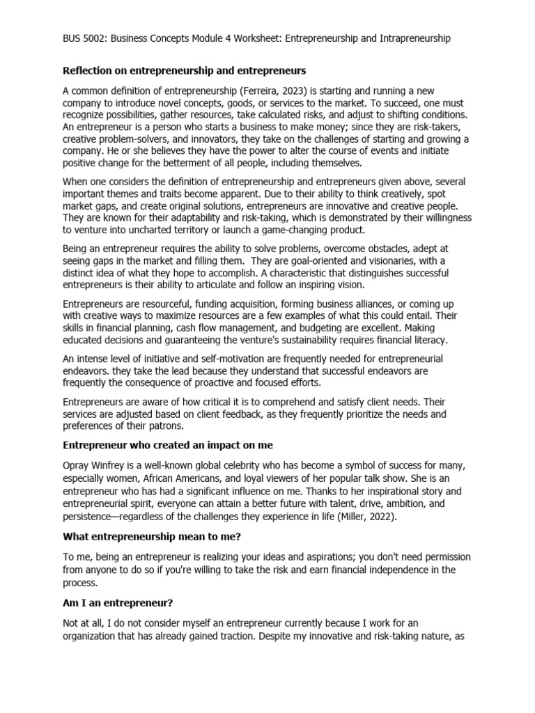 Reflection On Entrepreneurship and Entrepreneurs | PDF ...