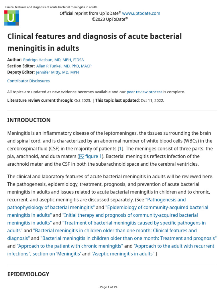 Clinical features and diagnosis of acute bacterial meningitis in adults ...