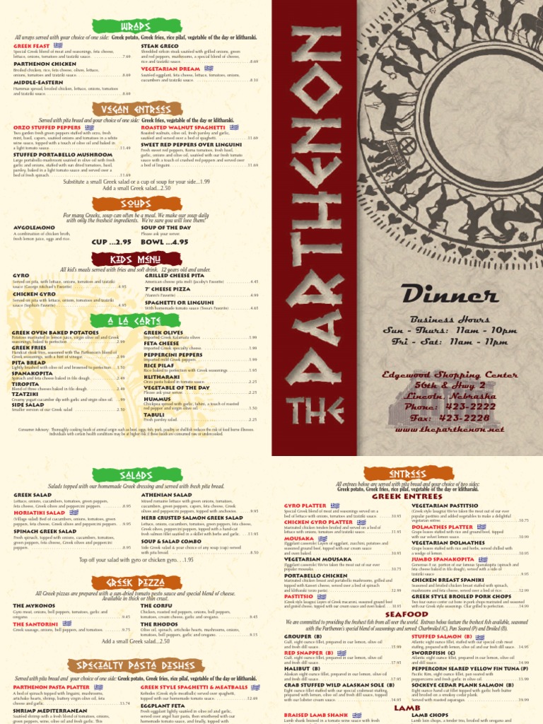 Lincoln Greek Restaurant Menu | PDF | Tomato Sauce | Steak