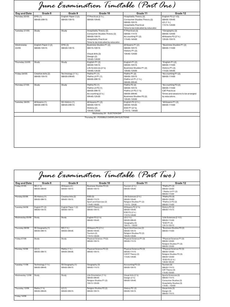 June Exam Timetable for Grades 8-12 | PDF
