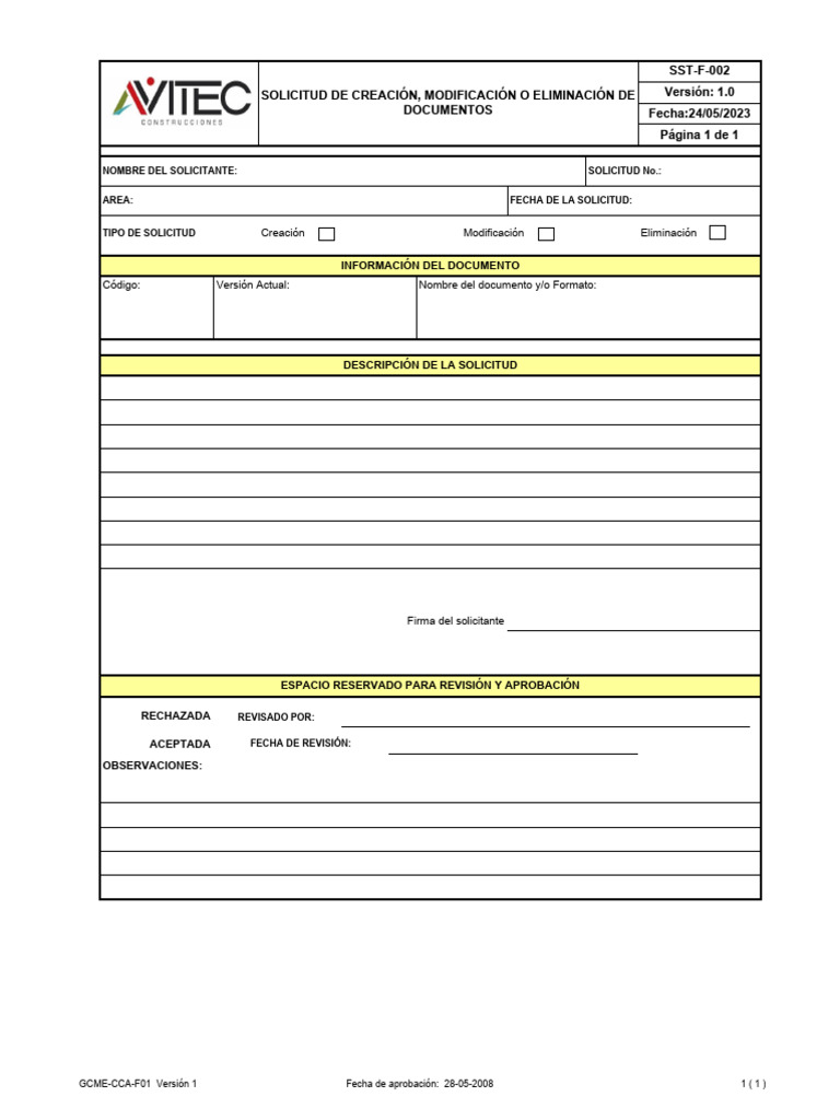 Sst-f-002 Solicitud de Creacion Modificacion o Eliminacion de ... Sst-f-002 Solicitud de Creacion Modificacion o Eliminacion de ...