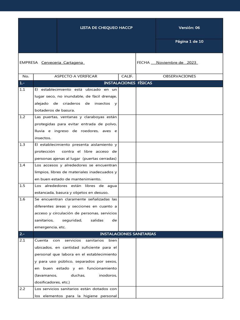 Lista Inspección Haccp | PDF | Alimentos | Análisis de Riesgo y Puntos ...