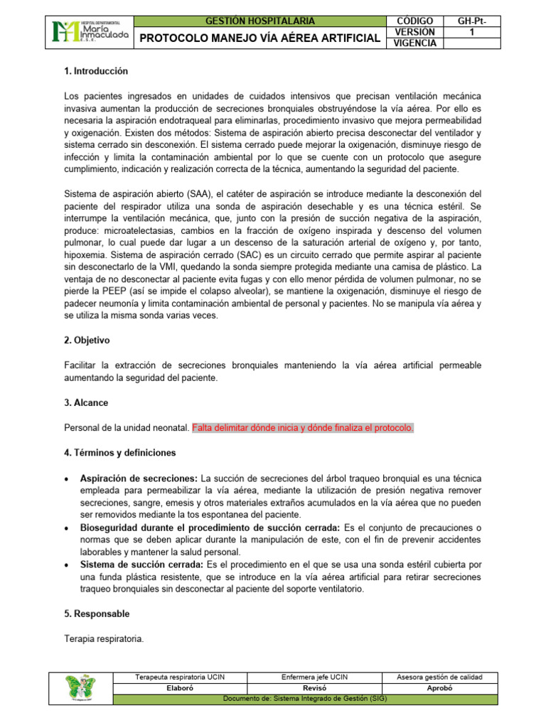 GH-PT-XX Protocolo Manejo Vía Aérea Artificial Revisado | PDF ...