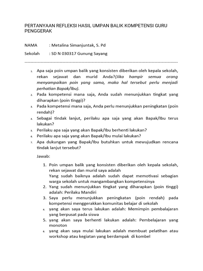 Metalina PERTANYAAN REFLEKSI HASIL UMPAN BALIK KOMPETENSI GURU PENGGERAK | PDF