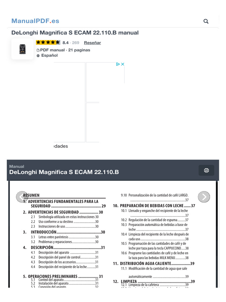 Manual DeLonghi Magnifica S ECAM 22.110.B (Españo | Descargar gratis PDF | café | Bebida