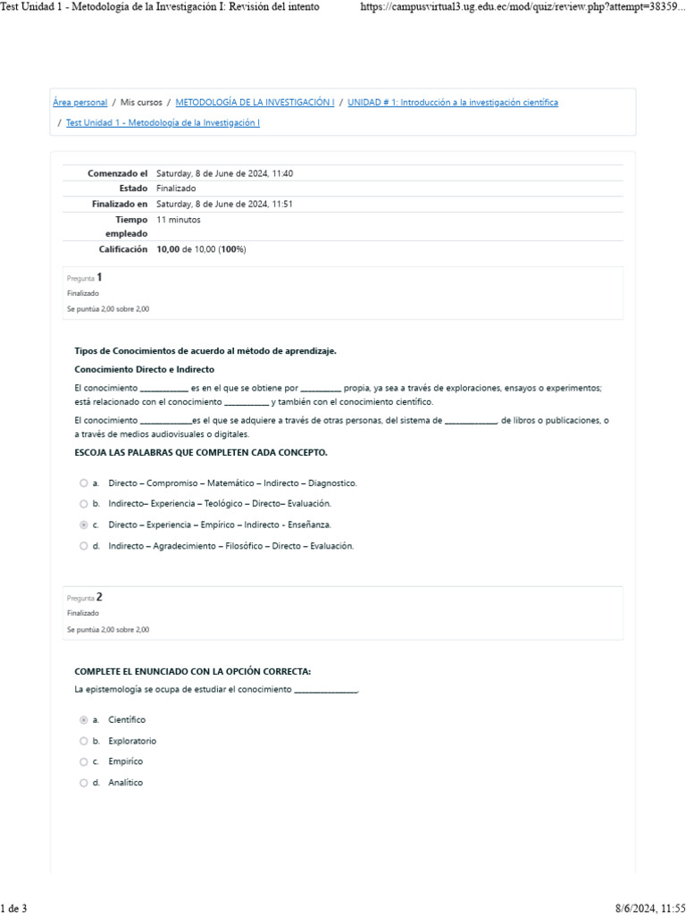 Test Unidad 1 - Metodología de la Investigación I Revisión del intento ...
