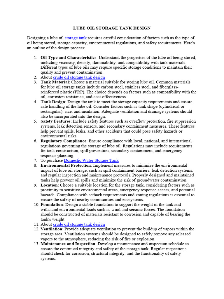 Lube Oil Storage Tank Design Guidelines | PDF | Lubricant | Oil Spill