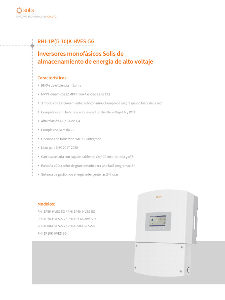 Solis Datasheet RHI-1P (5-10) K-HVES-5G MEX V1,0 2024 01 | PDF ...
