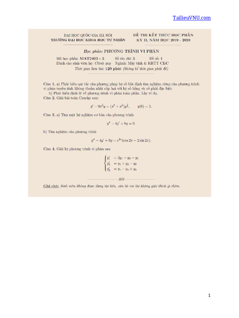 Đề thi Phương trình vi phân (Ngành Máy tính và KHTT CLC) đề số 1 kỳ 2 ...