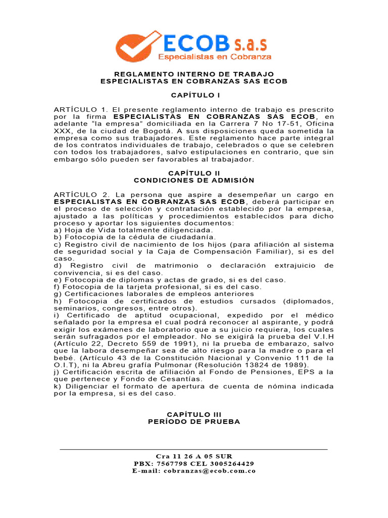 REGLAMENTO INTERNO DE TRABAJO ECOB | Descargar gratis PDF | Derecho laboral | Business