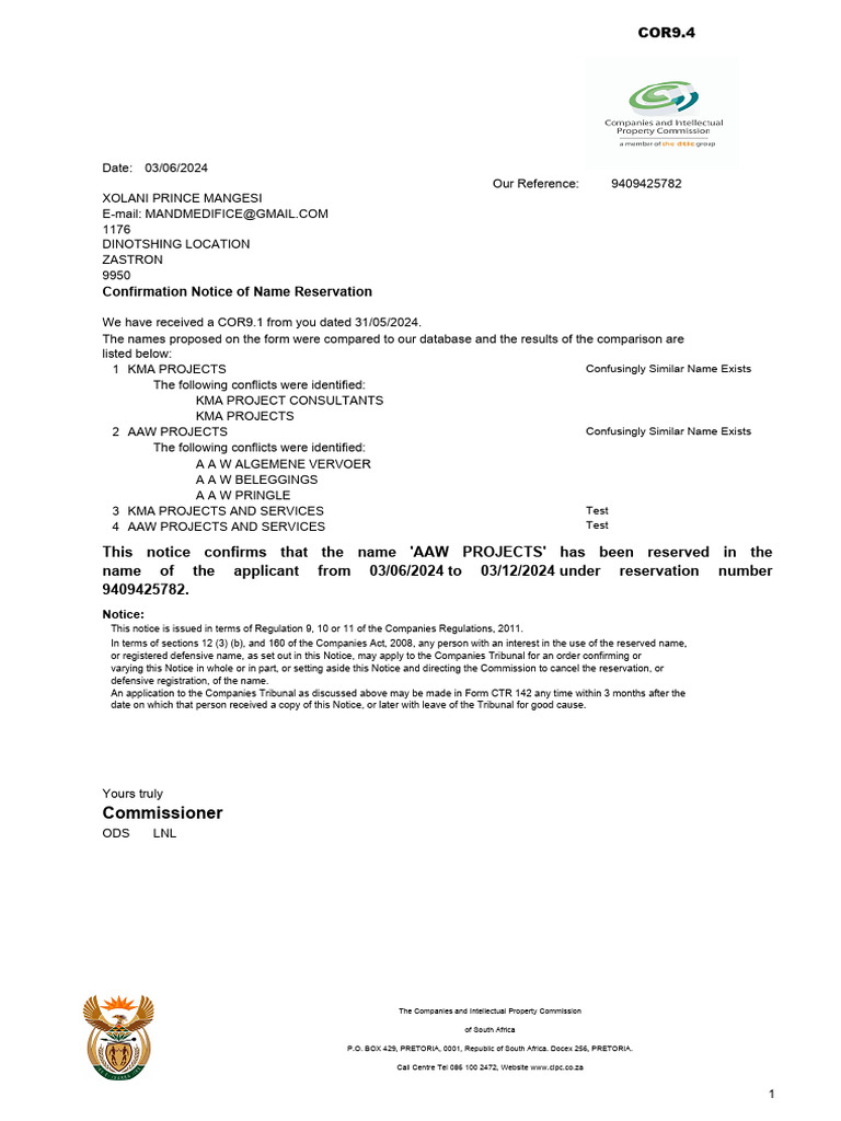 Confirmation Notice of Name Reservation: Commissioner | PDF | Common ...