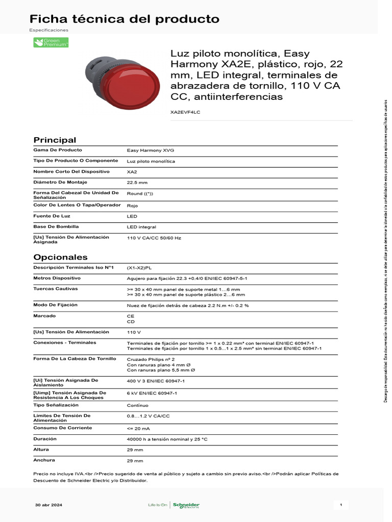 Schneider Electric - Easy-Harmony-XA2E - XA2EVF4LC | PDF | Tornillo | Diodo emisor de luz