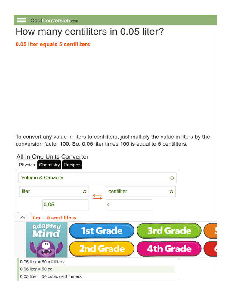 0.05 Liter To Centiliters | PDF | Litre | Gallon
