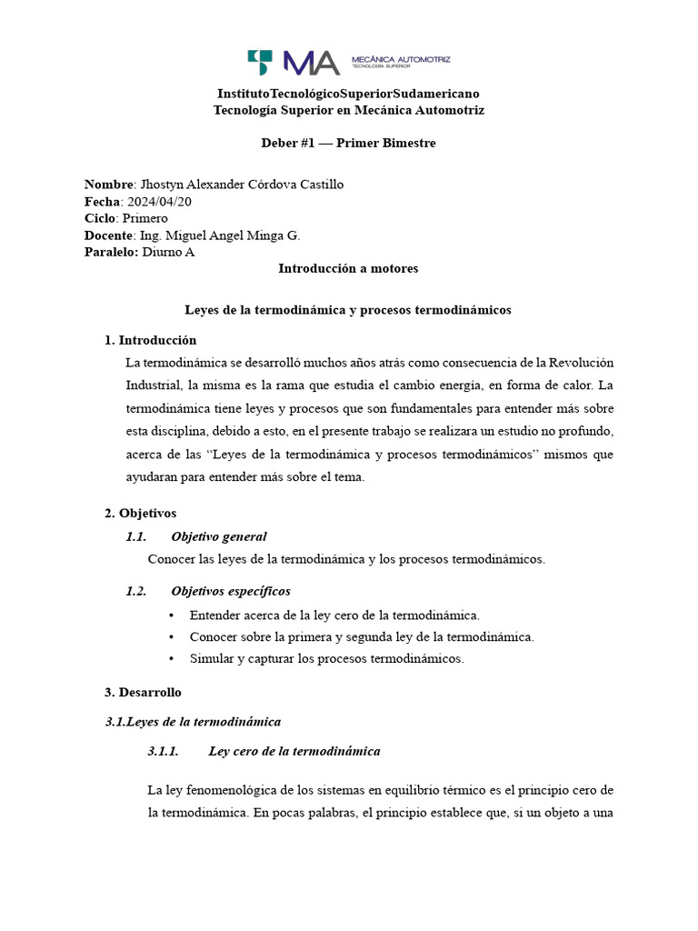 Leyes y Procesos Termodinámicos - Jhostyn Cordova | PDF | Termodinámica | Temperatura