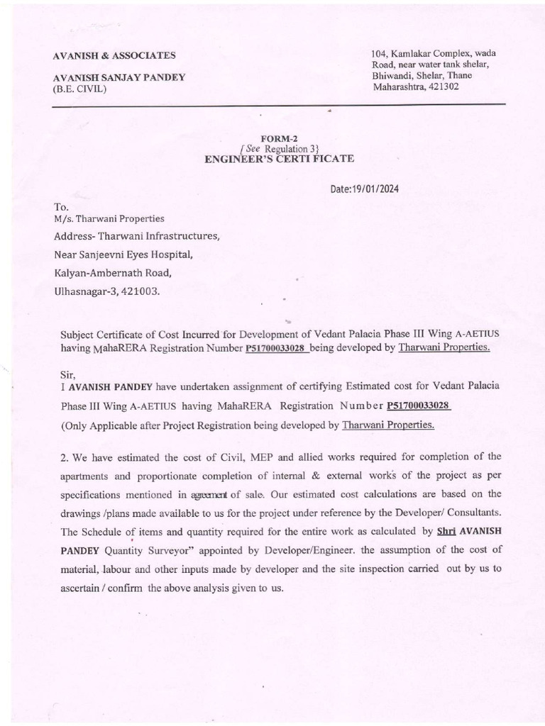 4 Engineer's Certificate On Cost Incurred On Project (Form 2) | PDF | Cost