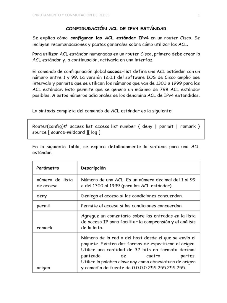 Configuración ACL IPv4 en Cisco | PDF | Enrutador (Computación) | Dirección IP