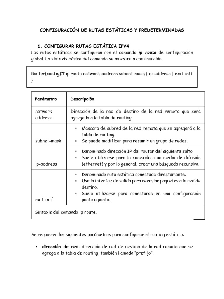 Configuracin de Rutas Estticas y Predeterminadas | PDF | Dirección IP | Enrutador (Computación)