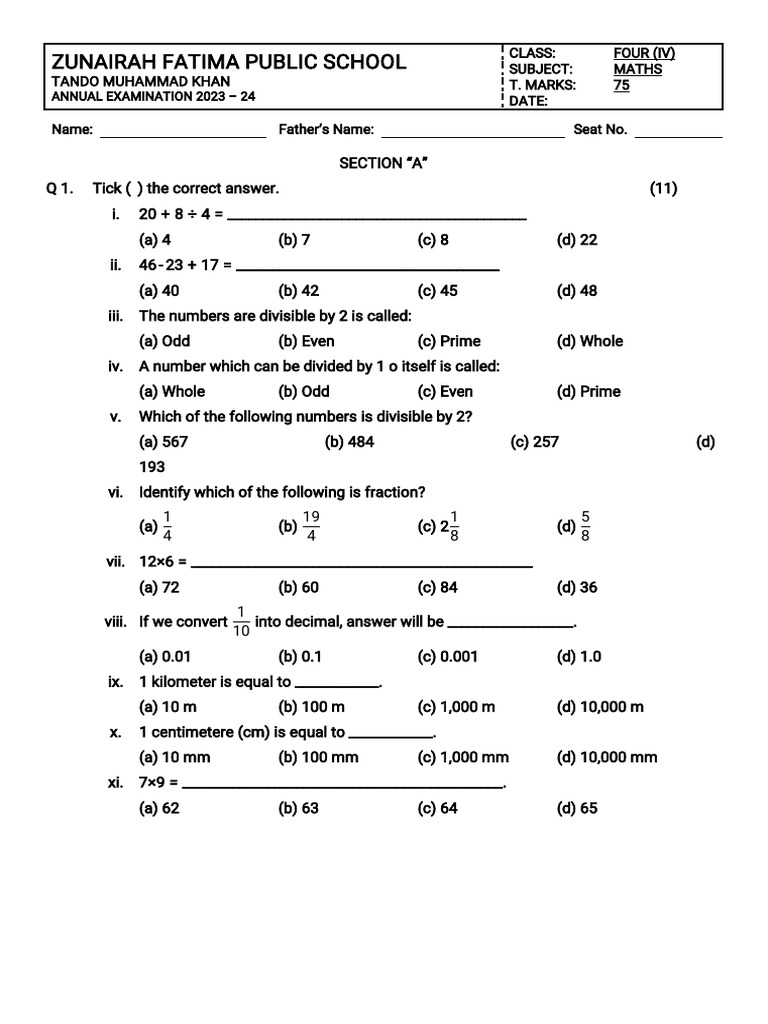 MATHS (Four) ANNUAL 2023-24 | PDF