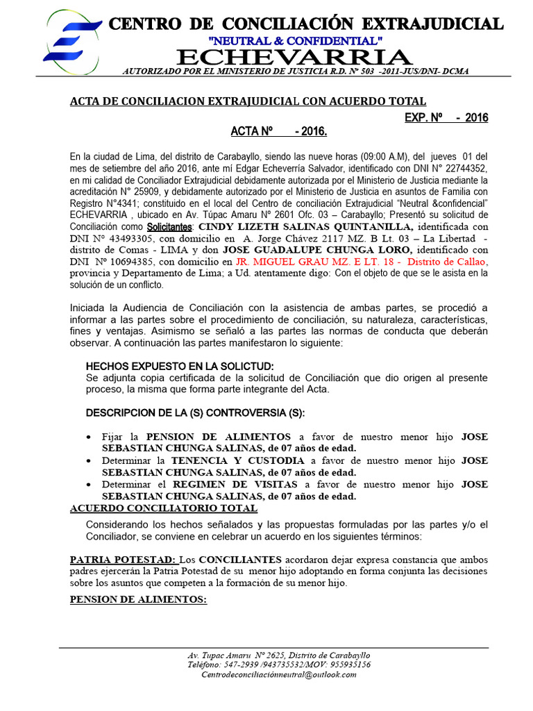Acta de Conciliacion Extrajudicial Con Acuerdo Total | PDF | Pensión alimenticia | Gobierno