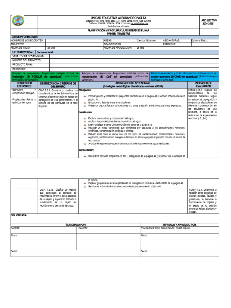 FORMATO PLANIF. INTERD 2do BACHILLERATO | PDF | Agua | Aprendizaje