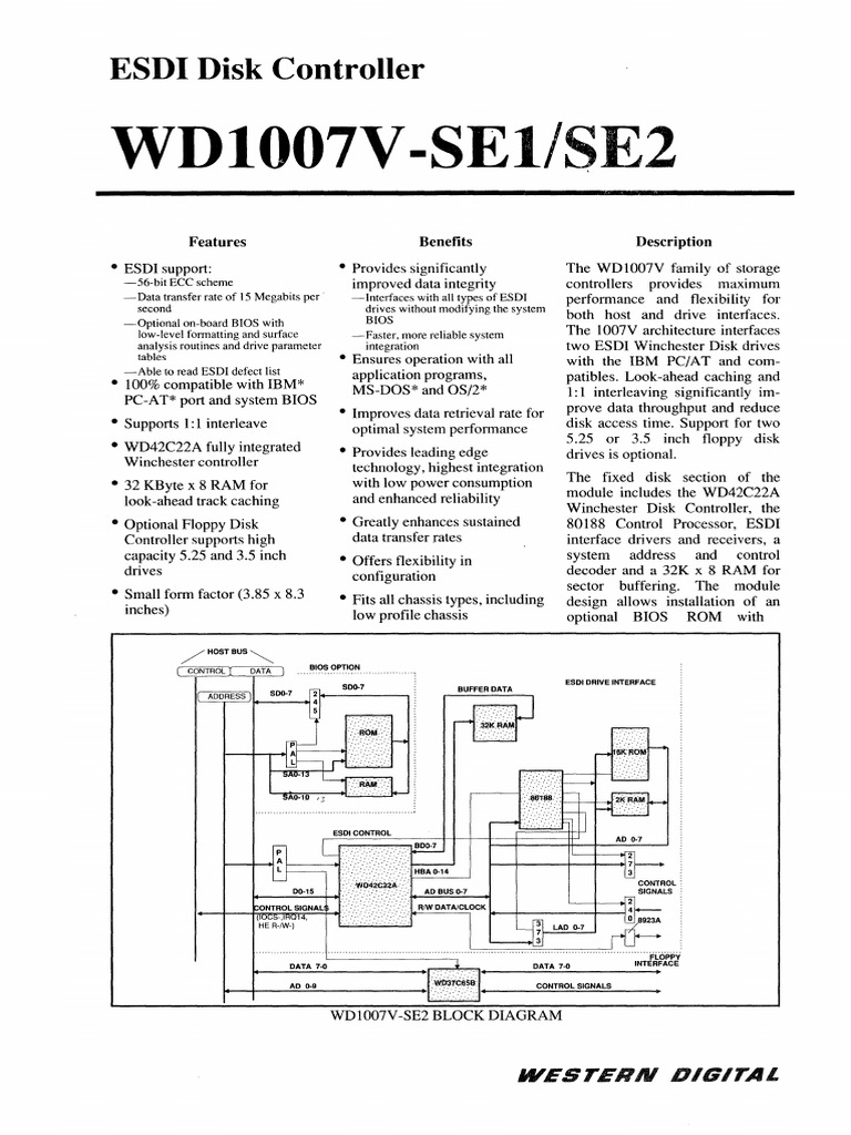 ESDI Disk Controller WD1007V Features | PDF | Hard Disk Drive | Bios