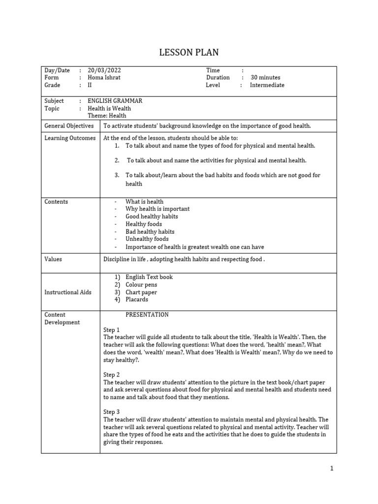 Lesson_Plan_health_is_wealth | PDF | Teachers | Lesson Plan