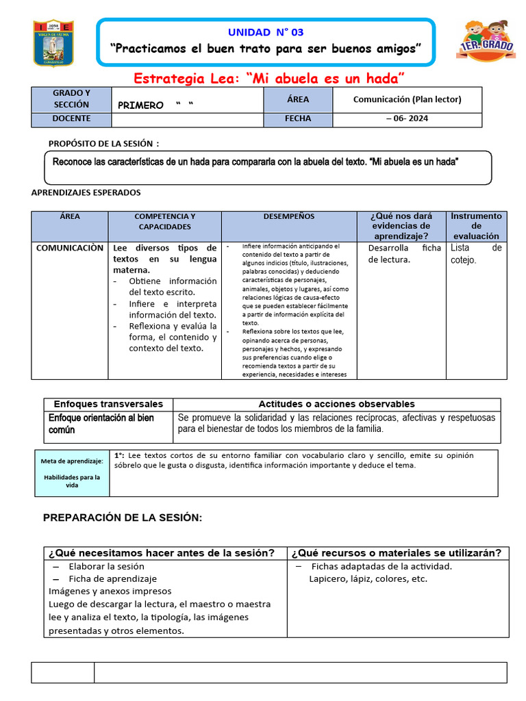 Sesion Plan Lector Mi Abuela Es Un Hada | PDF | Aprendizaje | Evaluación