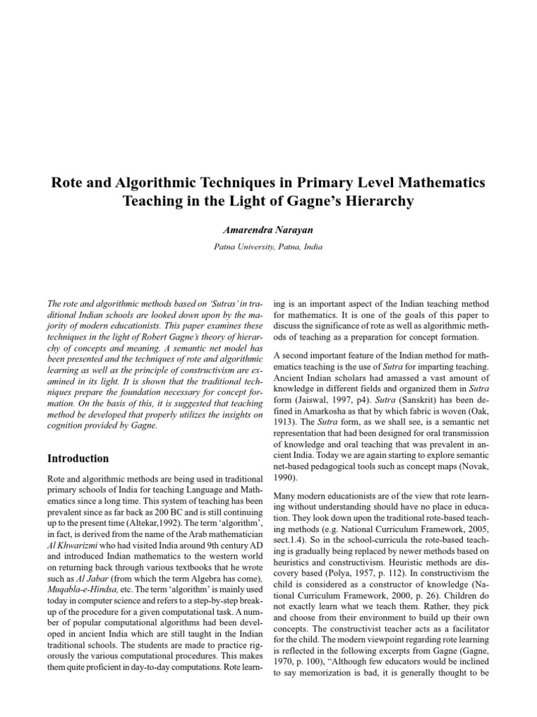 Rote and Algorithmic Techniques in Primary Level Mathematics Teaching ...
