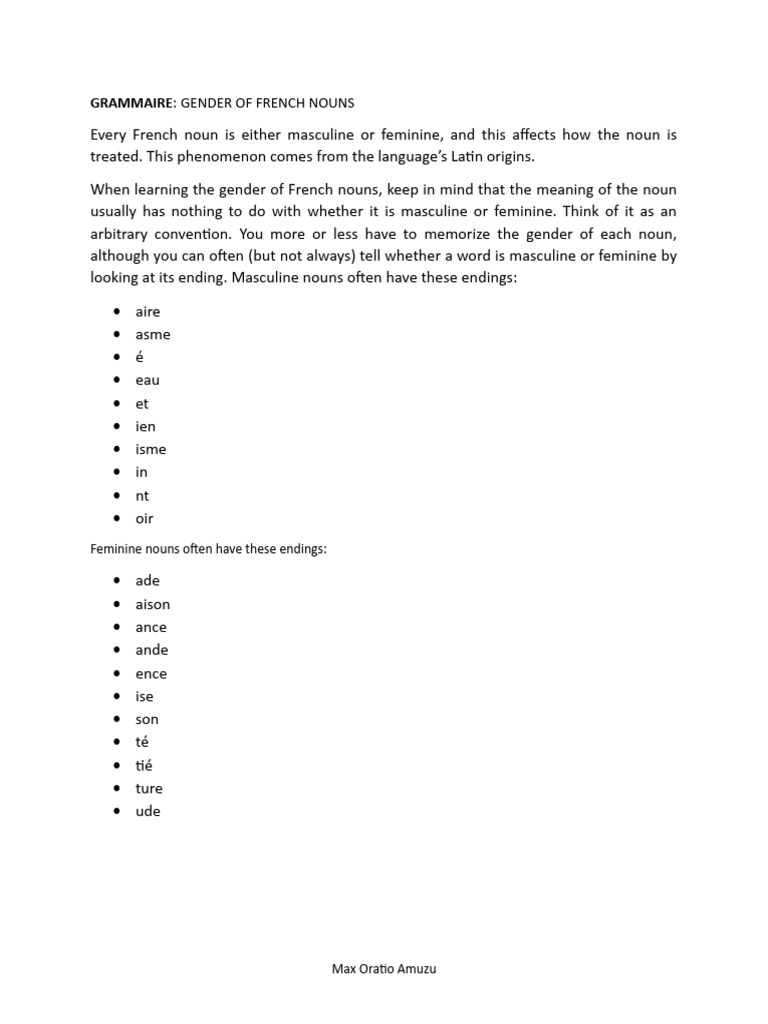 Gender of French Nouns and Articles | PDF