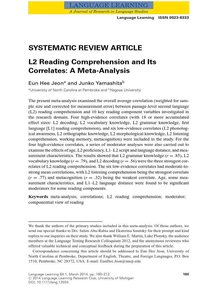 Jeona & Yamashita (2014) | PDF | Second Language | Reading Comprehension