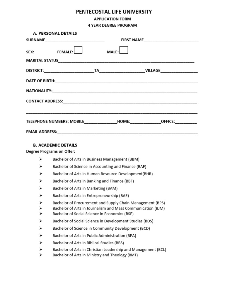 Pentecostal Life University Application Form | PDF