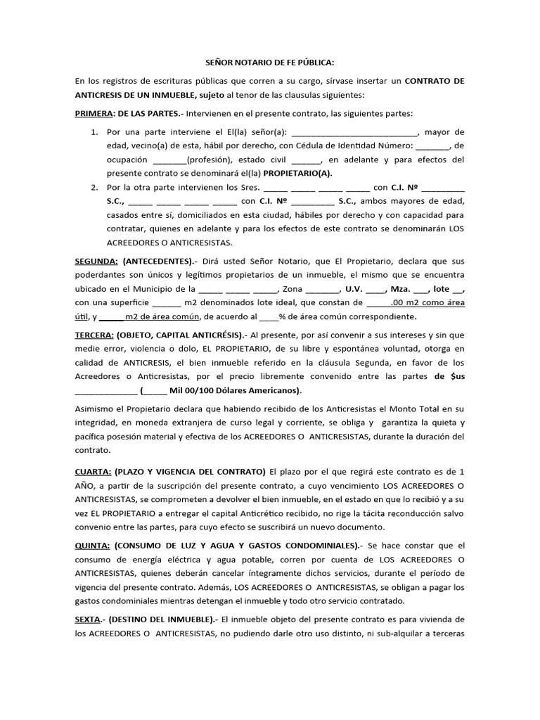 Contrato de Anticresis - Modelo | PDF