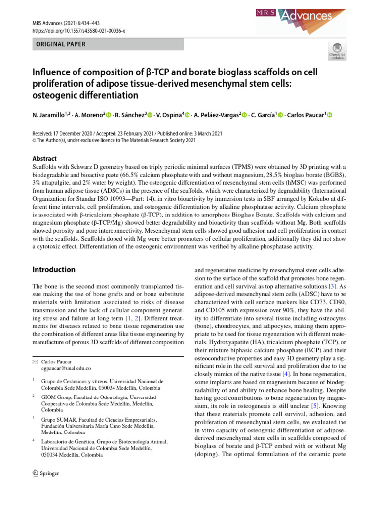 Infuence of composition of β‑TCP and borate bioglass scafolds on cell ...