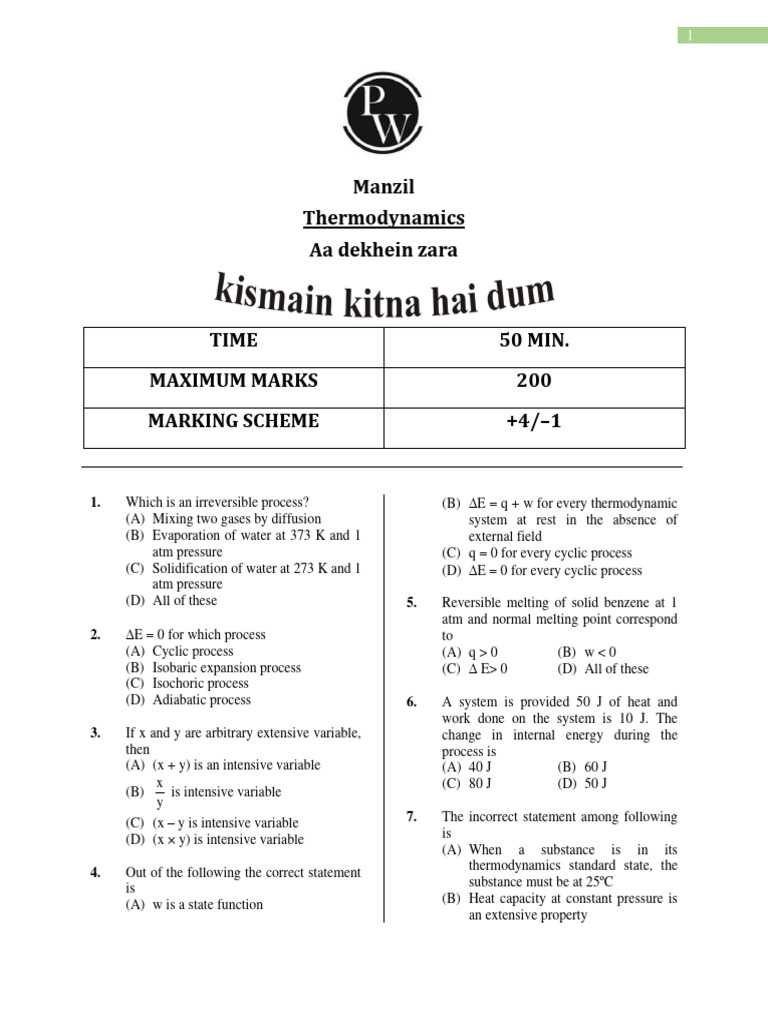 Thermodynamics - Practice Sheet | PDF | Gases | Enthalpy