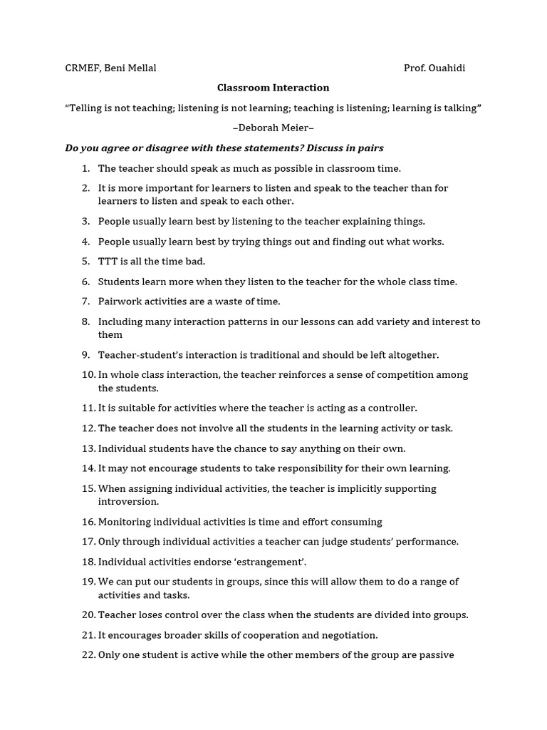 5 Classroom Interaction Pdf Learning Teachers