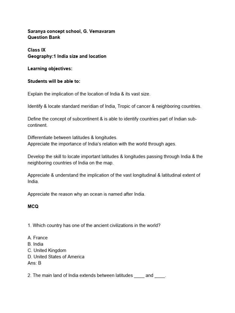 Class 9 Geo - 1 India Size and Location QB and Key | PDF | Earth ...