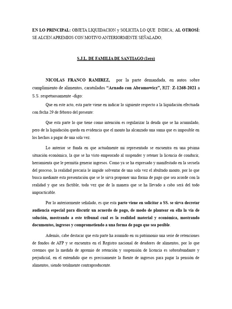Objeta - Liquidación - Alimentos ARNADO ABRAMOWICZ | PDF